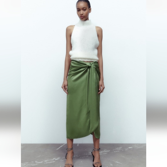 Zara | Skirts | Zara Green Satin Effect Skirt With Knot | Poshmark